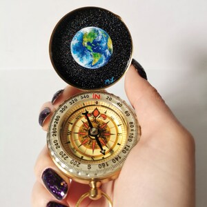 Handpainted Earth Pocket Compass, Gold Compass, Earth Painting, Artwork ...