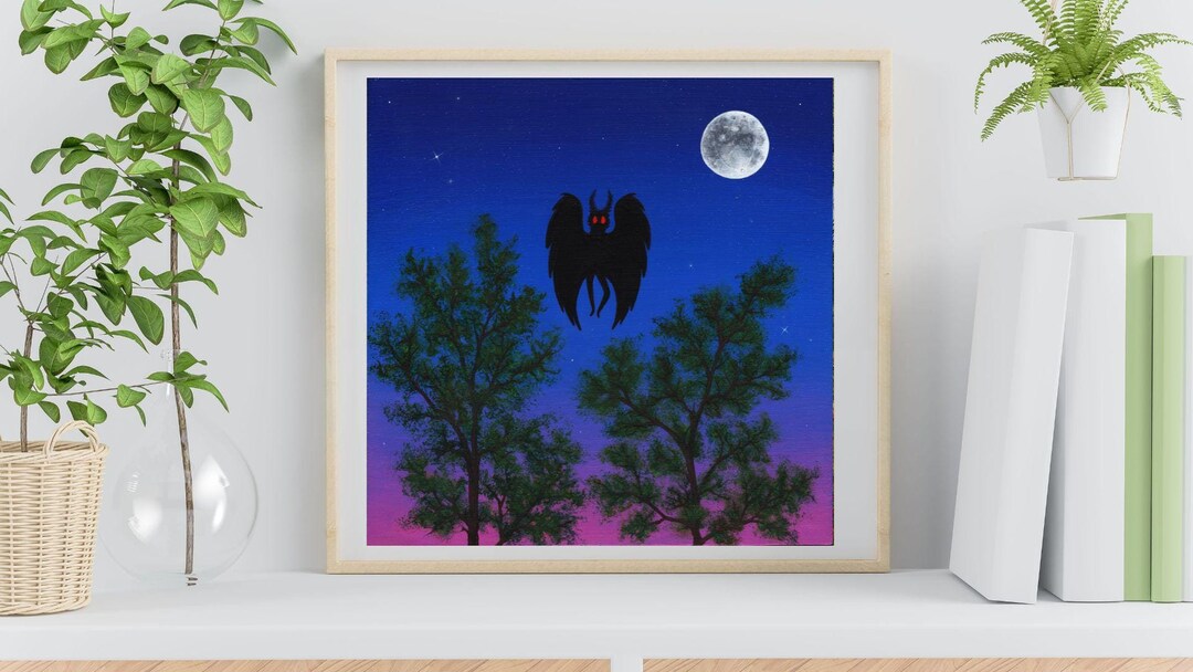 Signed Mothman Painted Print - Moonlit Night Sky Art - Mystical Forest ...