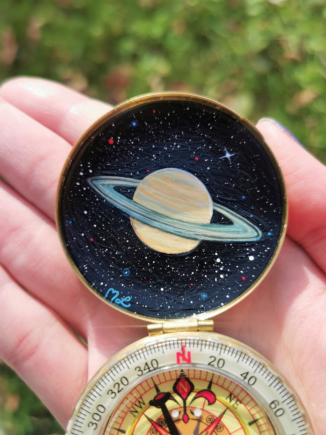 Hand Painted Saturn Pocket Compass, Gold Compass, Space Art, Artwork on ...
