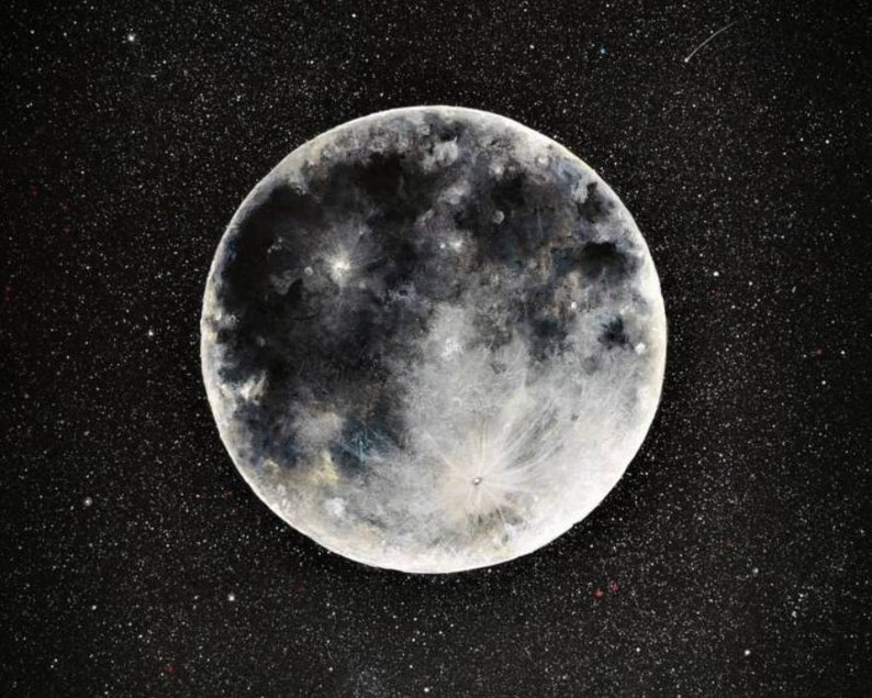 Moon Art Print, Full Moon Painting, Acrylic Painting, Black and White ...