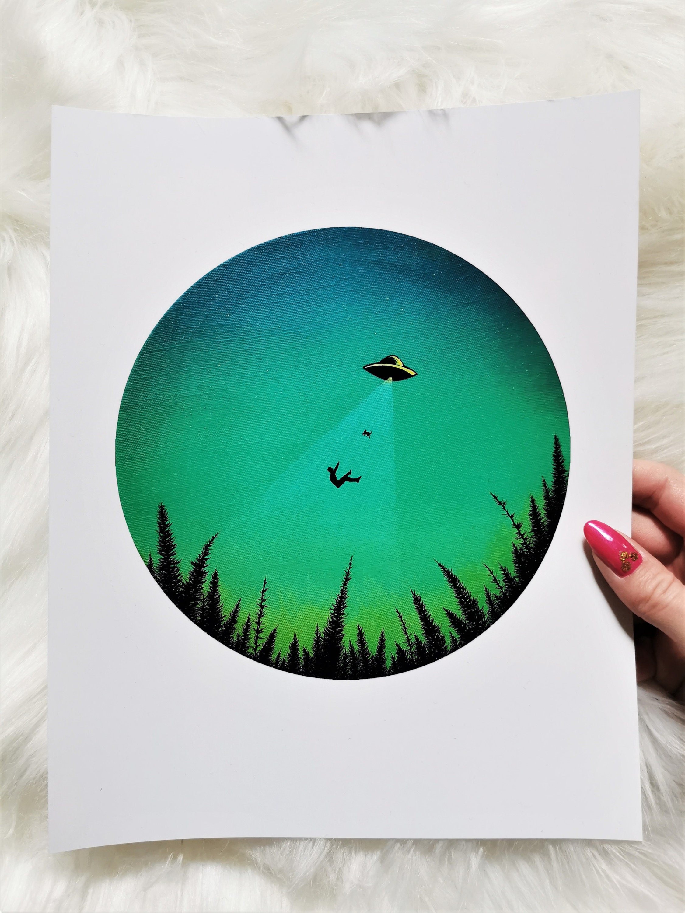 Alien Art, UFO With Cat Art Print, Space Ship Artwork, Round Art Print ...