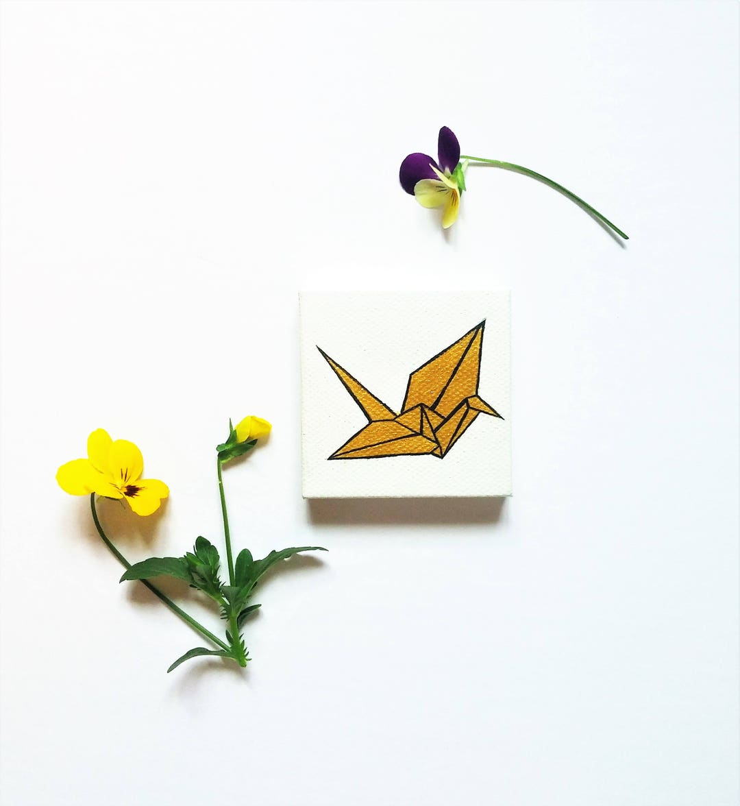 Gold Paper Crane Painting: Miniature Origami Bird Art (2x2 Inch) - Etsy