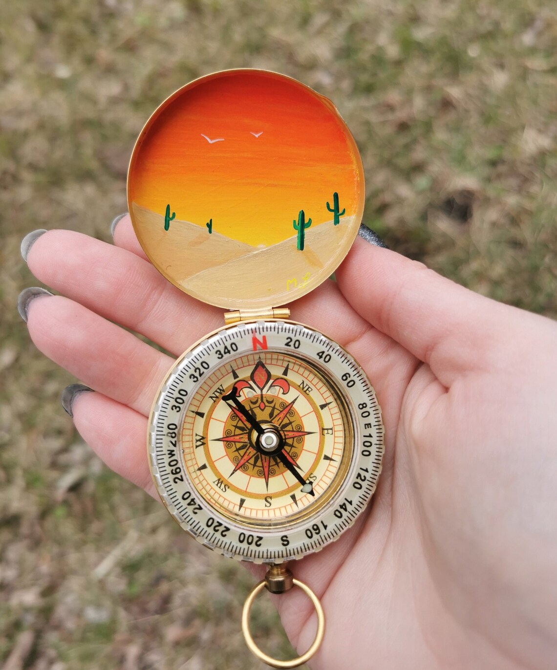 Desert Cacti Hand Painted Pocket Compass Gold Compass Sunset - Etsy
