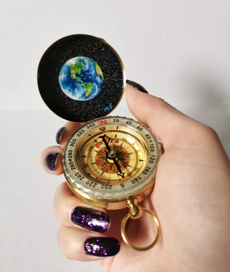 Handpainted Earth Pocket Compass, Gold Compass, Earth Painting, Artwork ...