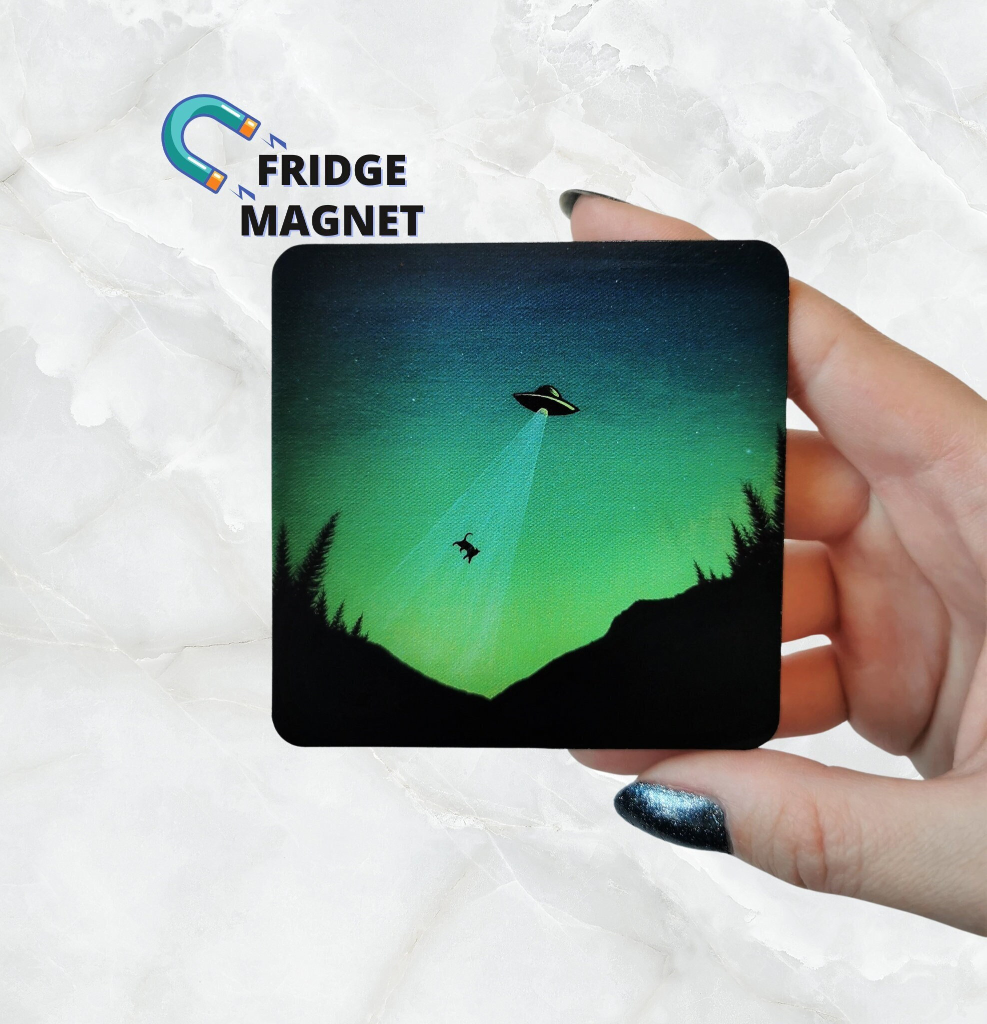 UFO With Cat Magnet, Alien Magnet, UFO Art Fridge Magnet, Vinyl Cut ...