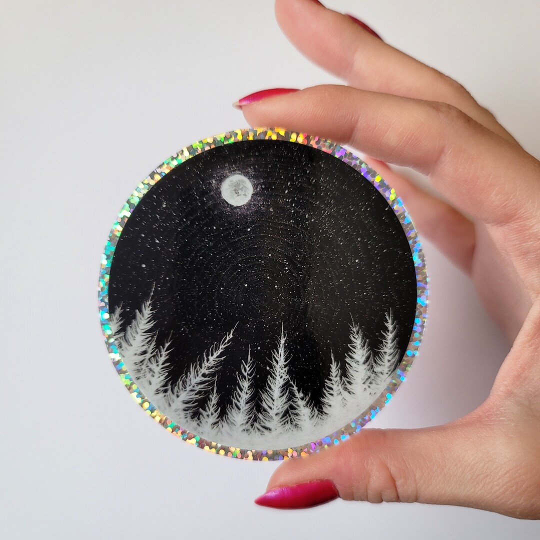 Black White Forest Glitter Sticker, Night Sky Vinyl Round Sticker ...