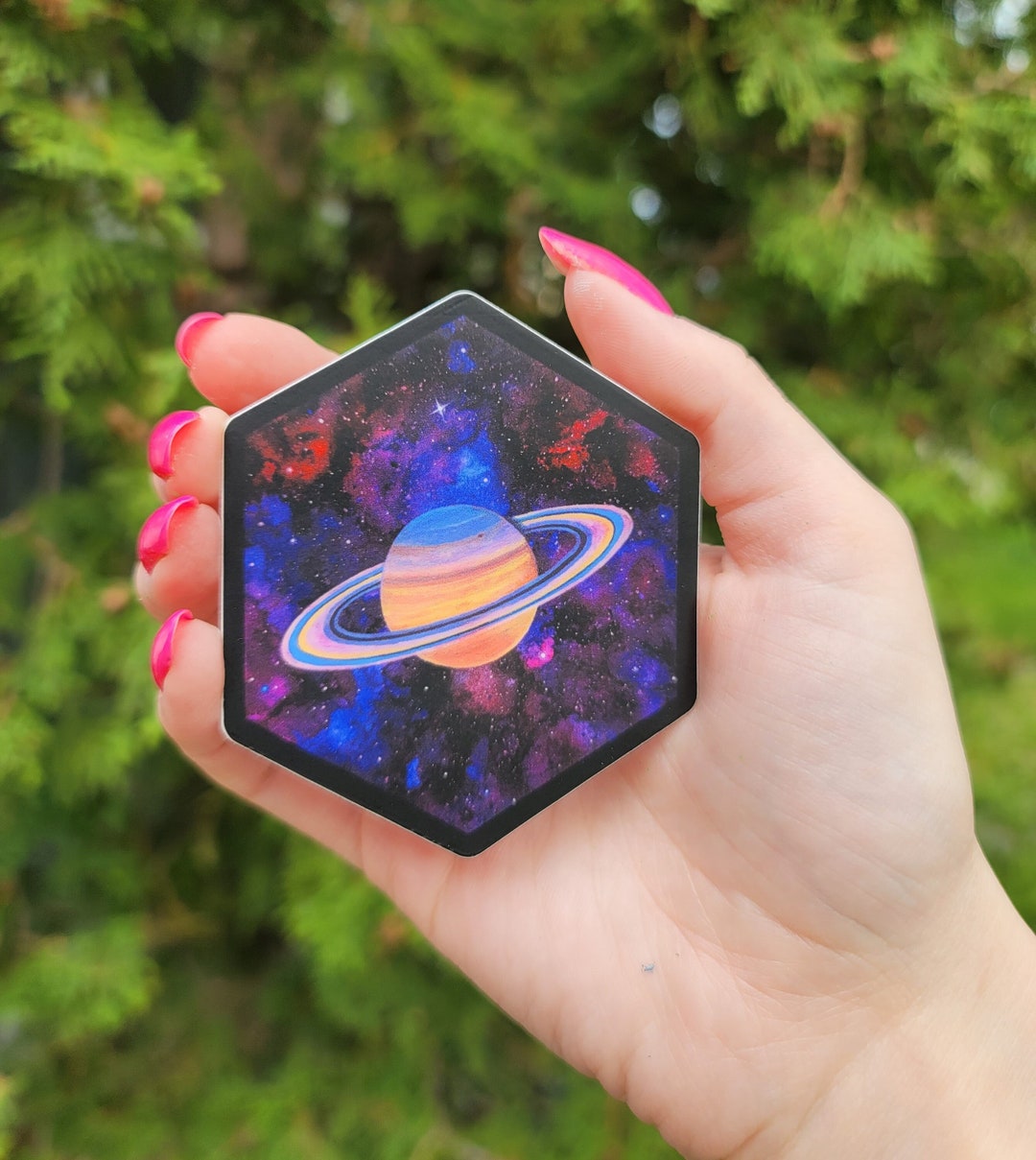 Saturn Hexagon Matte Vinyl Stickers, Outer Space Illustration, Planet ...