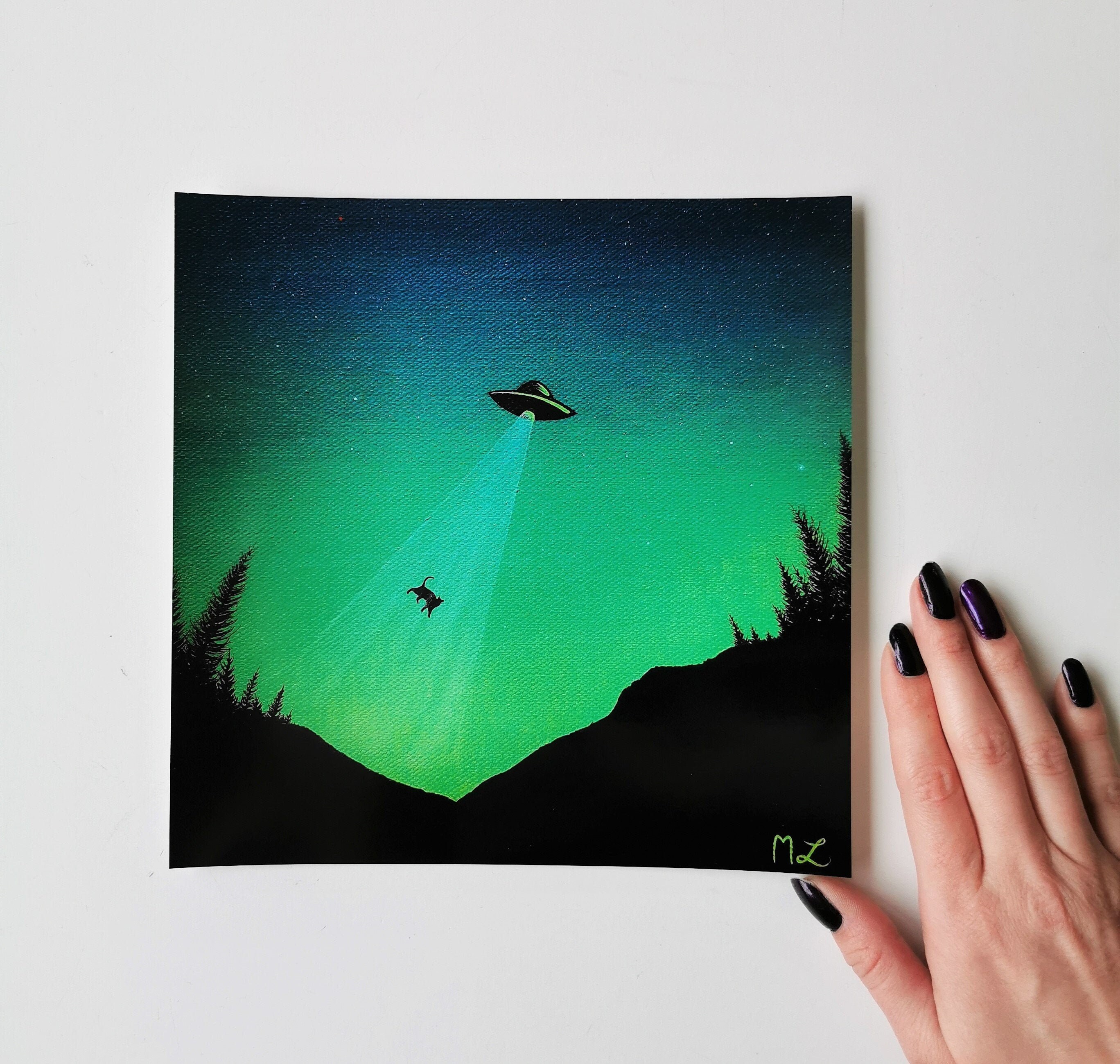 UFO With Cat Art Print, Space Ship Artwork, Alien Art, Fine Art Print ...