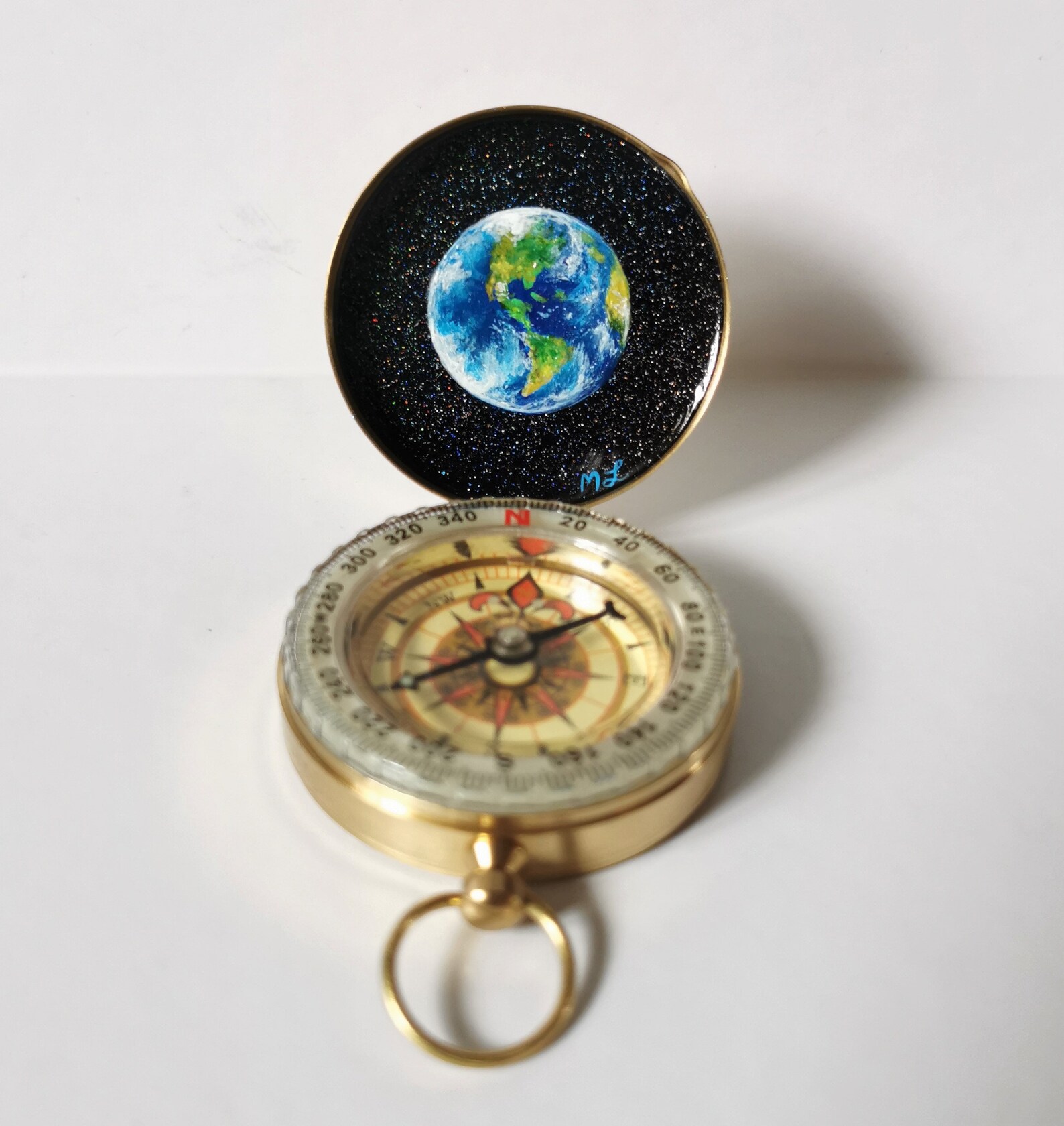 Handpainted Earth Pocket Compass, Gold Compass, Earth Painting, Artwork ...