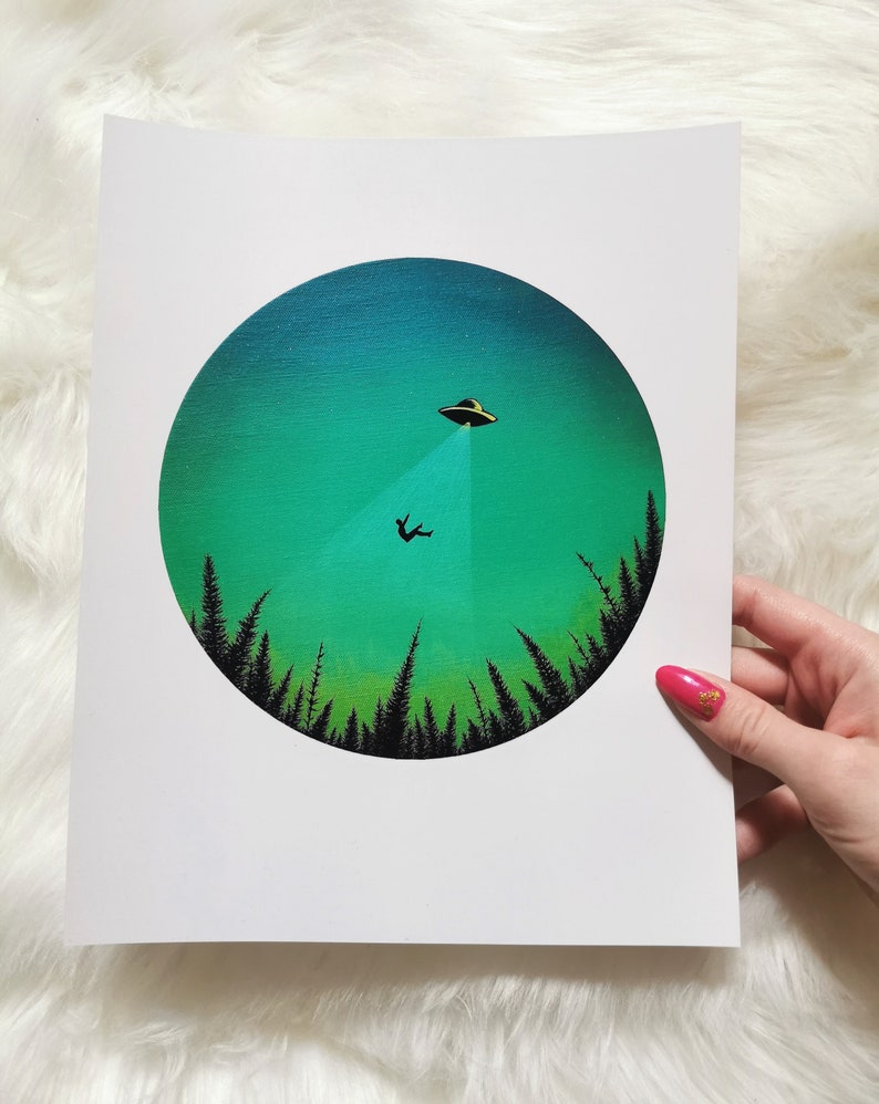 Alien Art UFO With Cat Art Print Space Ship Artwork Round | Etsy