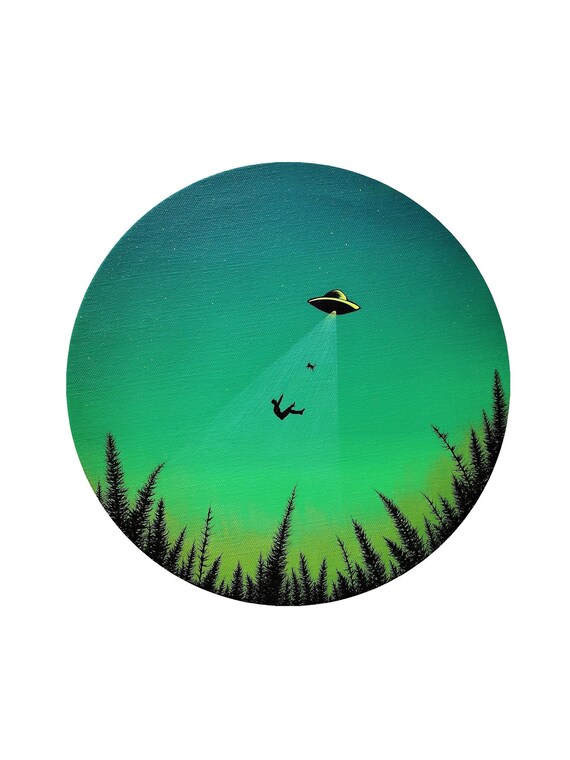 Alien Art UFO With Cat Art Print Space Ship Artwork Round | Etsy