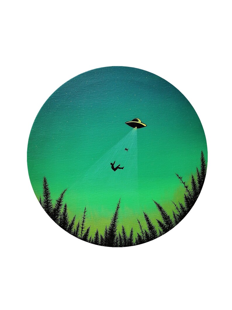 Alien Art UFO With Cat Art Print Space Ship Artwork Round | Etsy