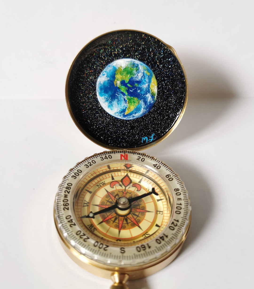 Handpainted Earth Pocket Compass, Gold Compass, Earth Painting, Artwork ...
