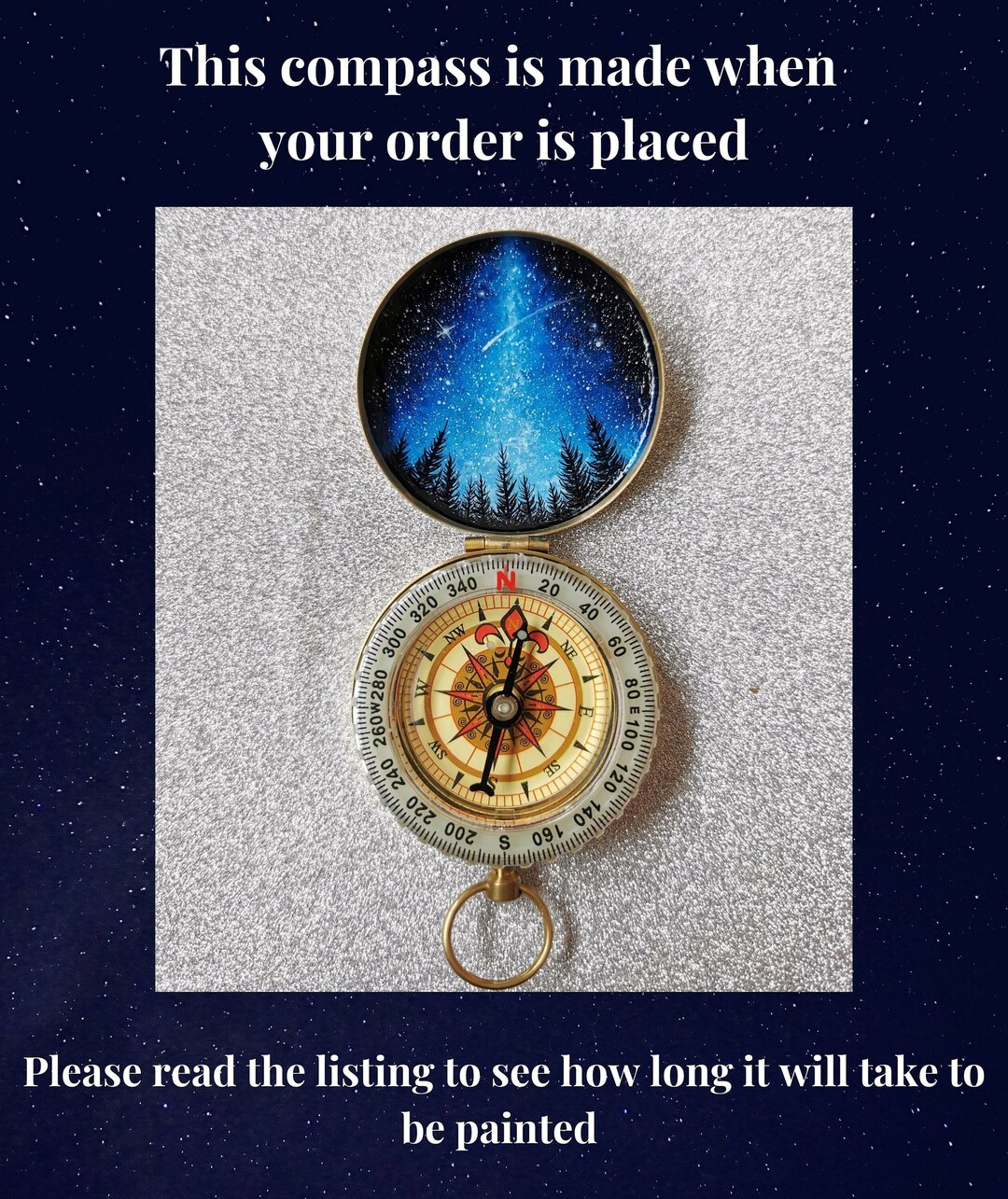 Gold Pocket Compass, Handpainted Forest Compass, Forest Milkyway ...