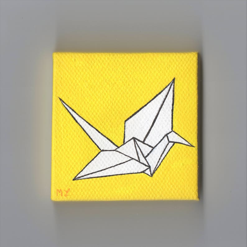 Paper Crane Painting Tiny Painting Origami Crane Yellow | Etsy