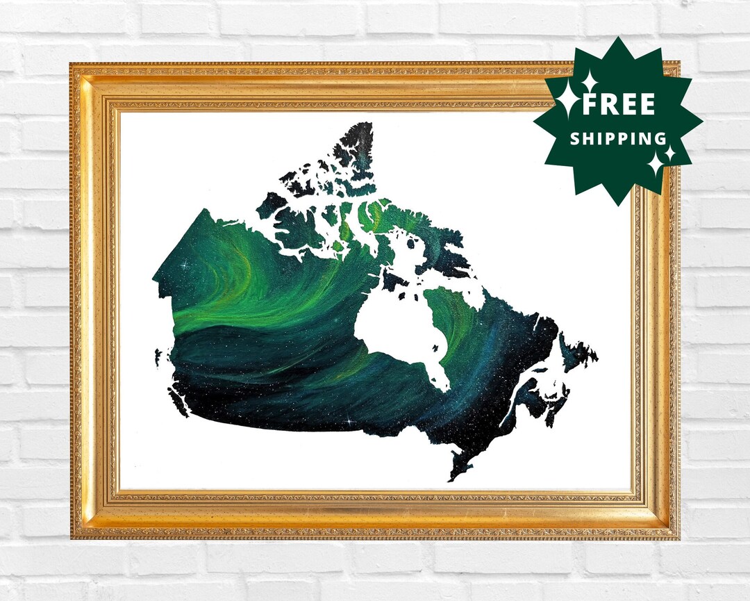 Canada Map Art Print, Canadian Artwork, Northern Lights, Polar Lights ...