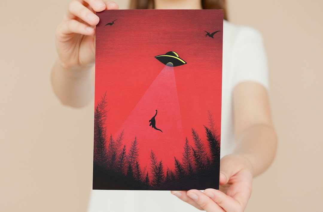 Dinosaur With UFO Artwork, Red Black Wall Art, Brachiosaurus Artwork ...