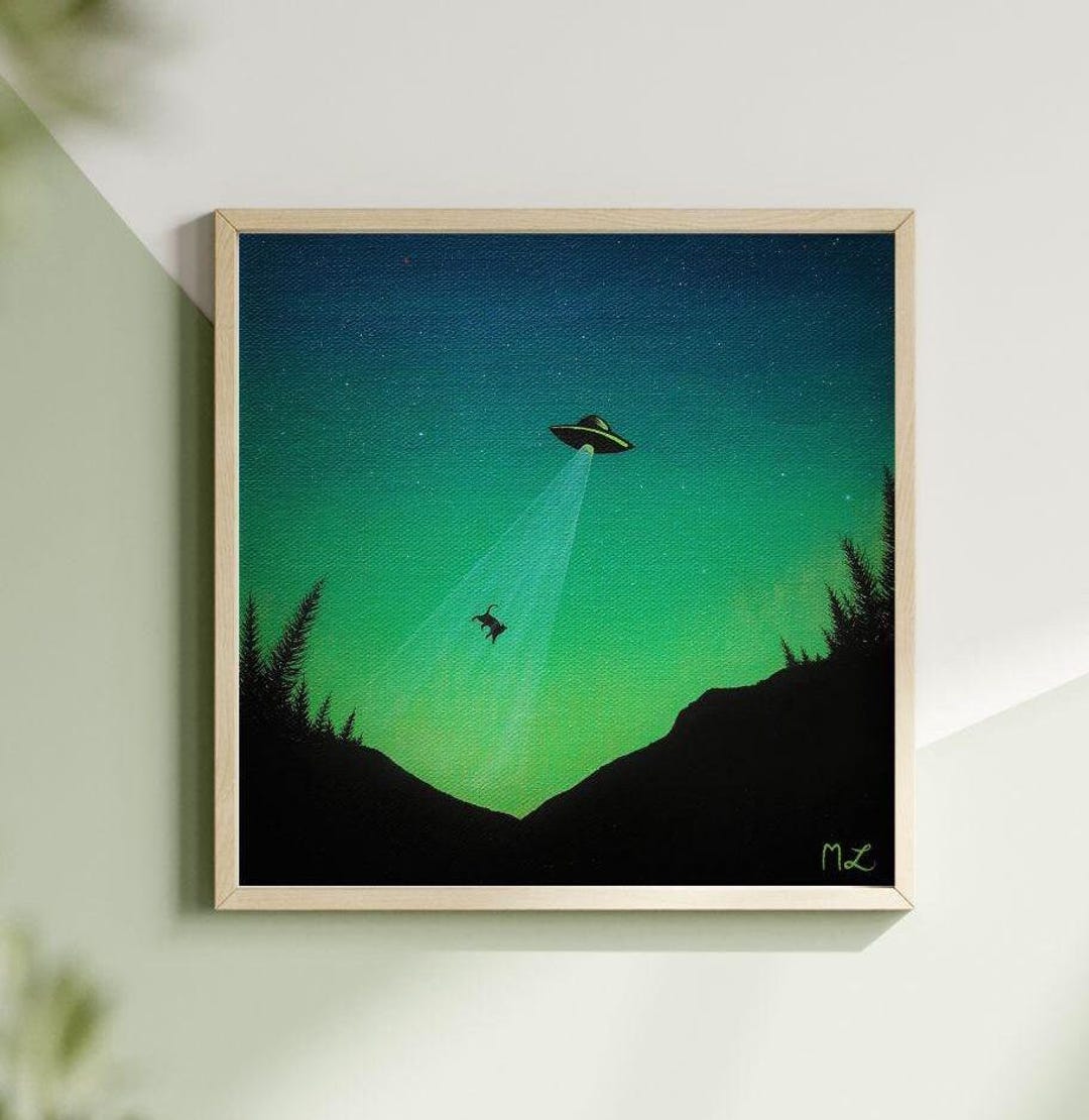 UFO With Cat Art Print, Space Ship Artwork, Alien Art, Fine Art Print ...