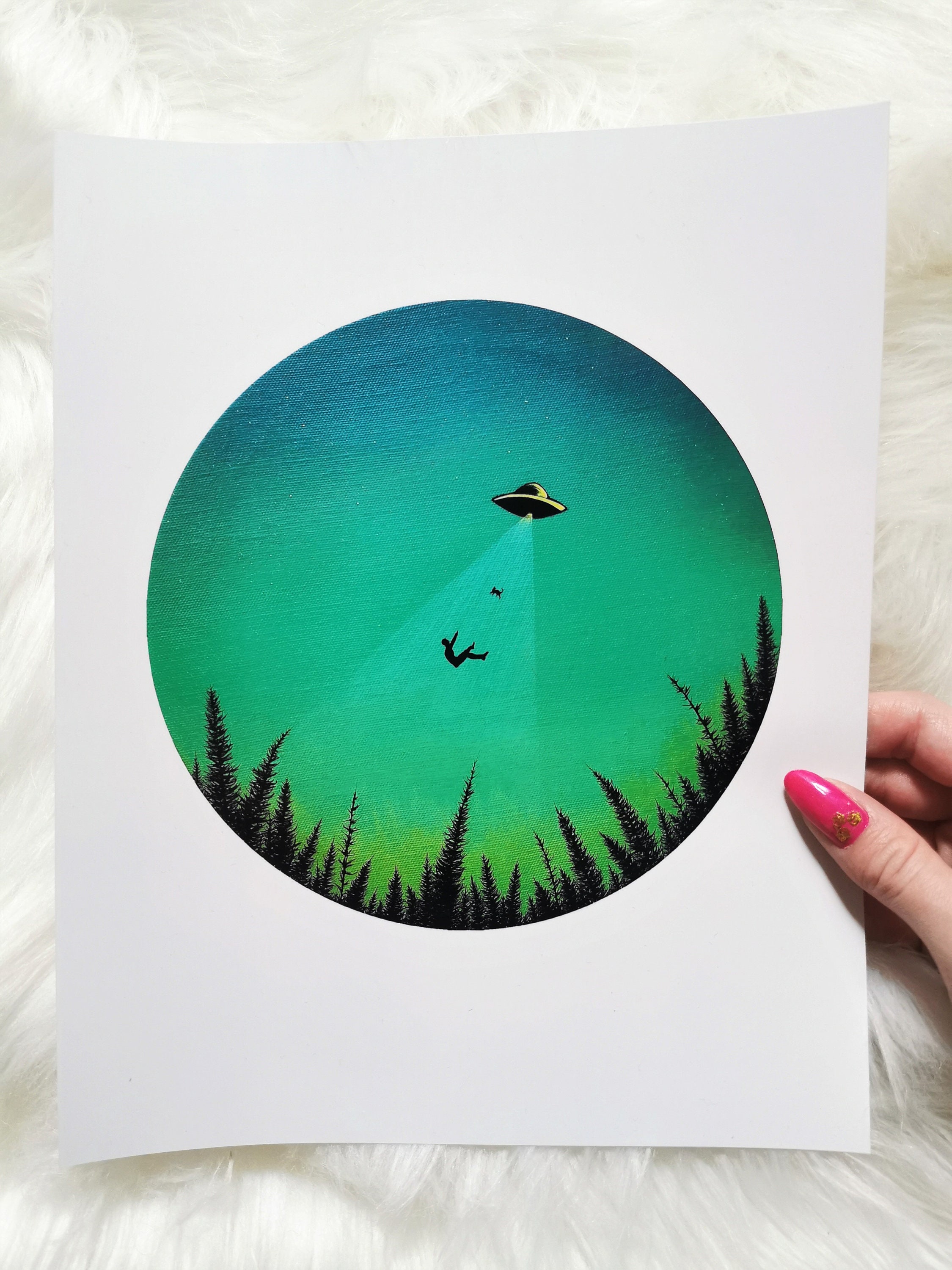 Alien Art, UFO With Cat Art Print, Space Ship Artwork, Round Art Print ...