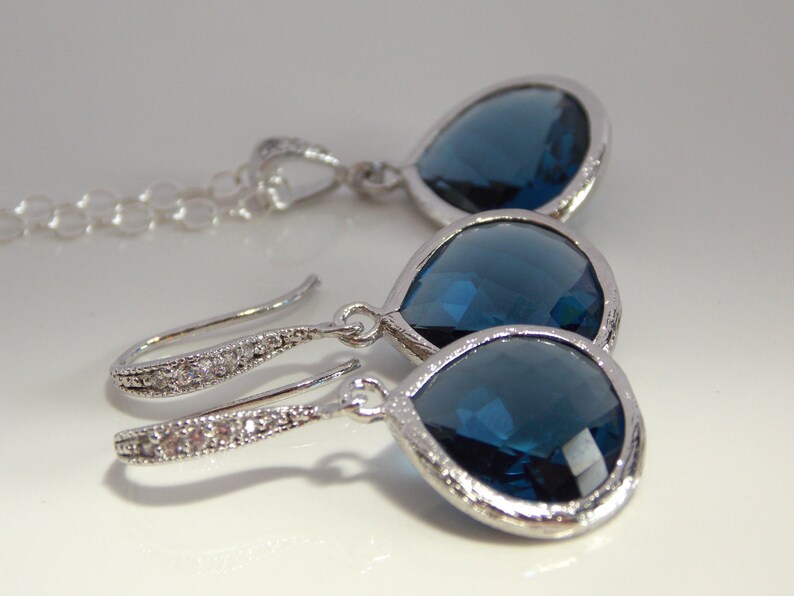 Wedding Jewelry Set, Blue Earrings and Neklace, Sterling Silver, Navy ...