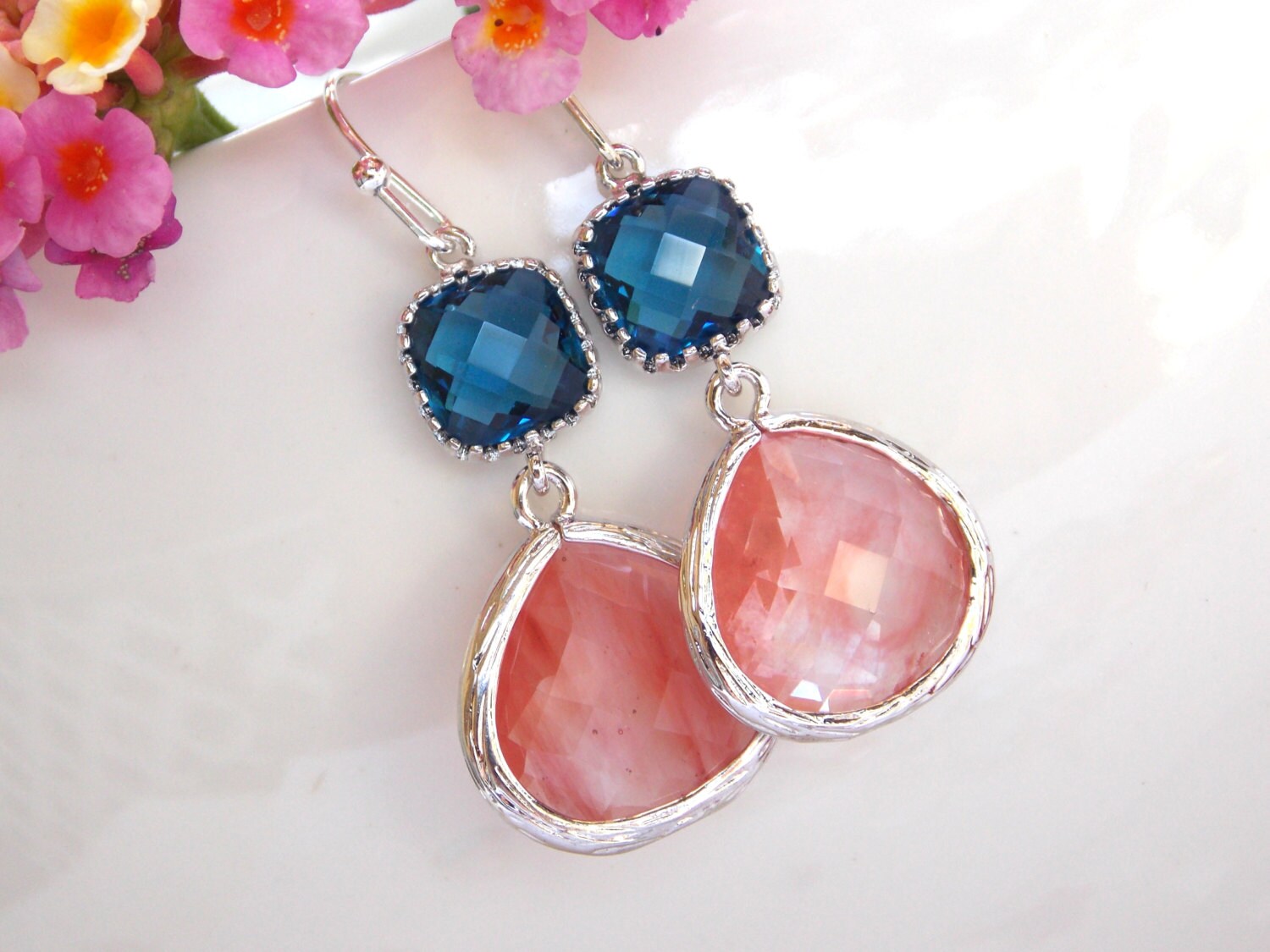 Wedding Jewelry, Coral and Navy Blue Earrings, Silver,grapefruit ...