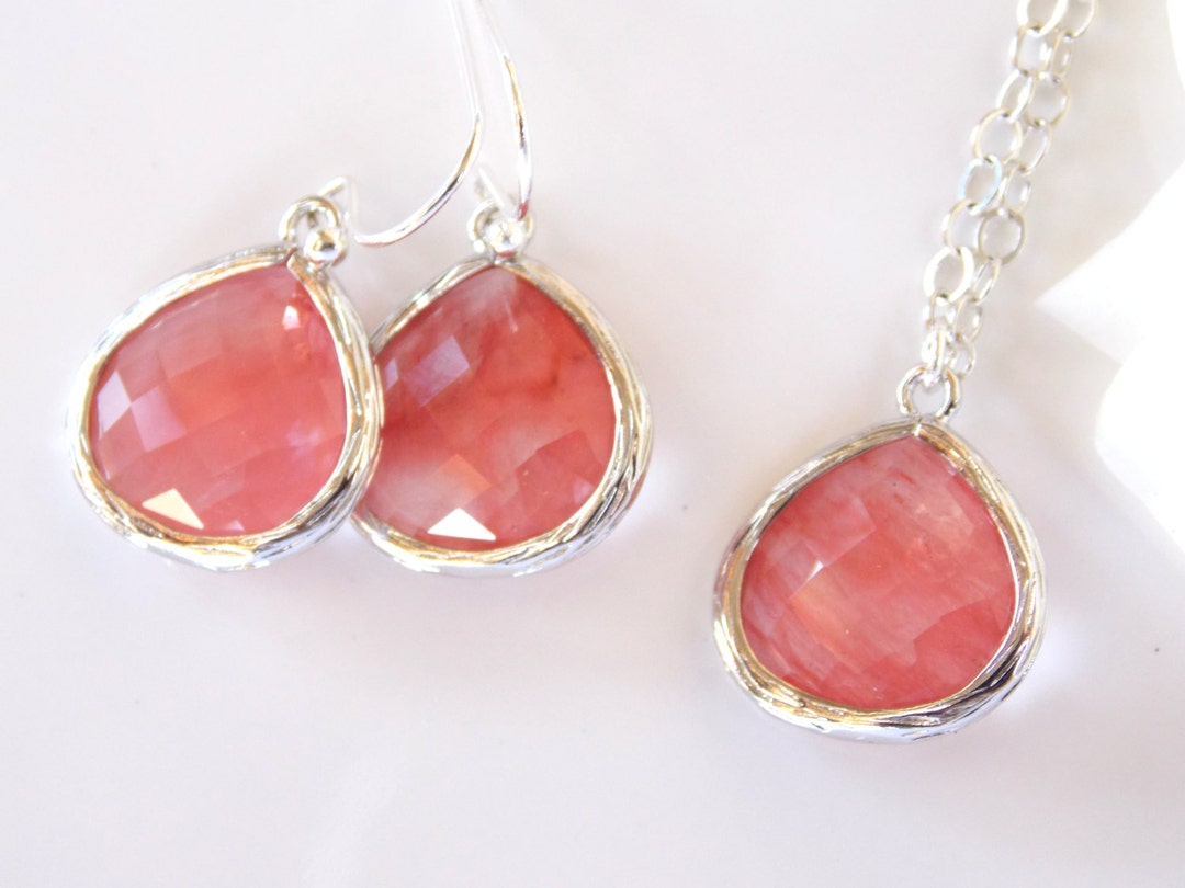Wedding Jewelry, Sterling Silver, Coral Earrings and Necklace Set ...