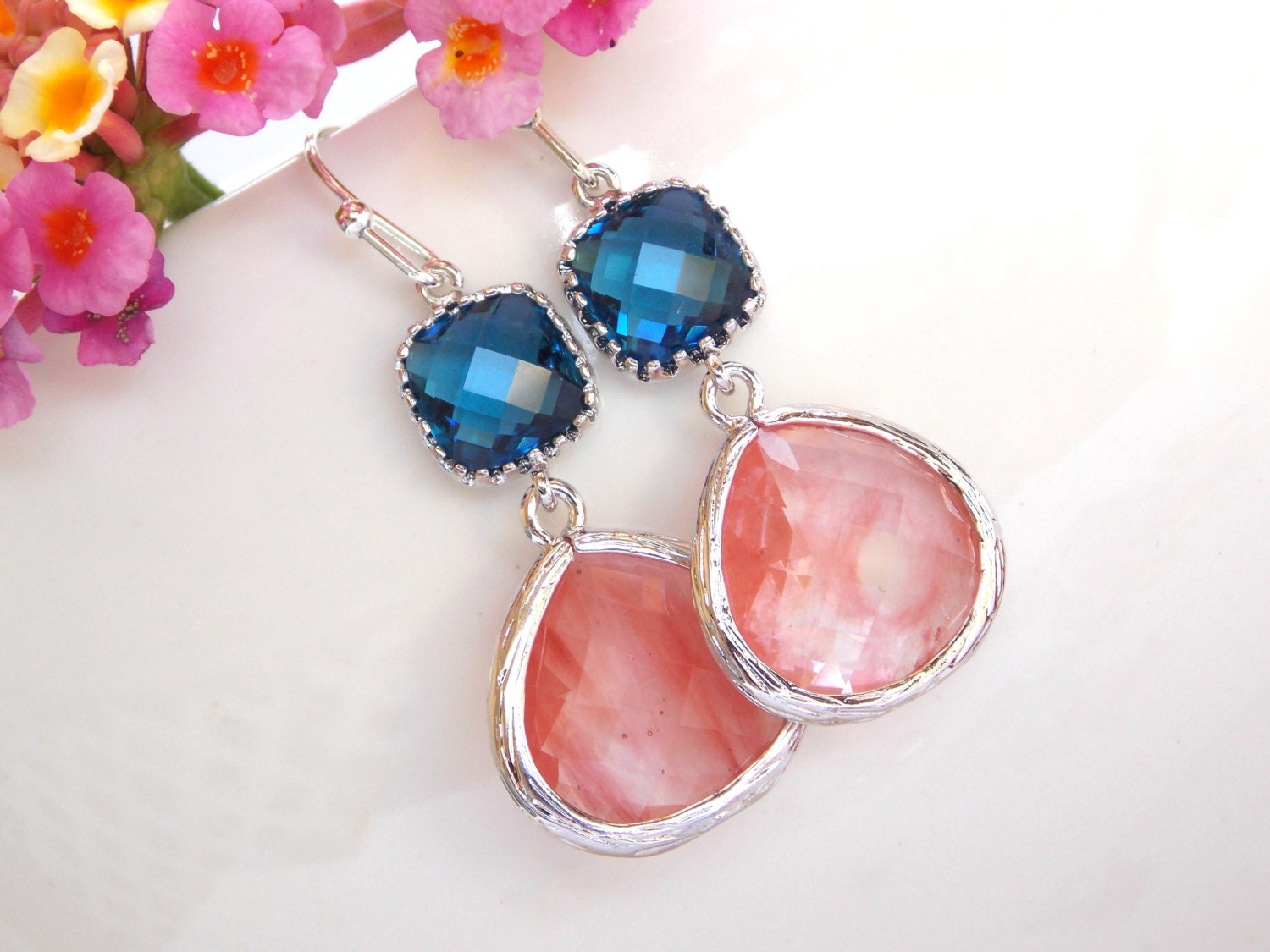 Wedding Jewelry, Coral and Navy Blue Earrings, Silver,grapefruit ...