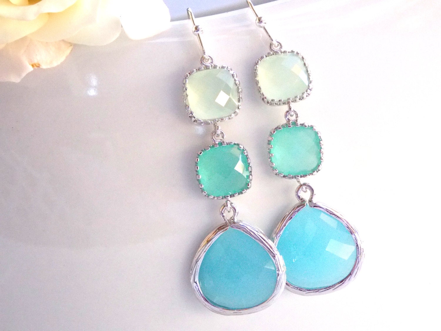 Wedding Jewelry,silver, Ocean Blue Mint and Light Mint Earrings, Blue ...