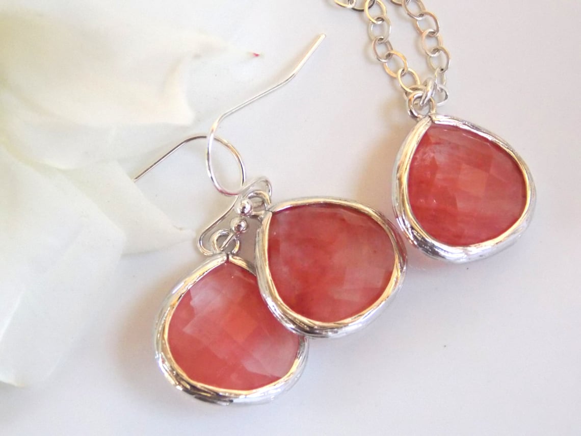 Wedding Jewelry, Sterling Silver, Coral Earrings and Necklace Set ...