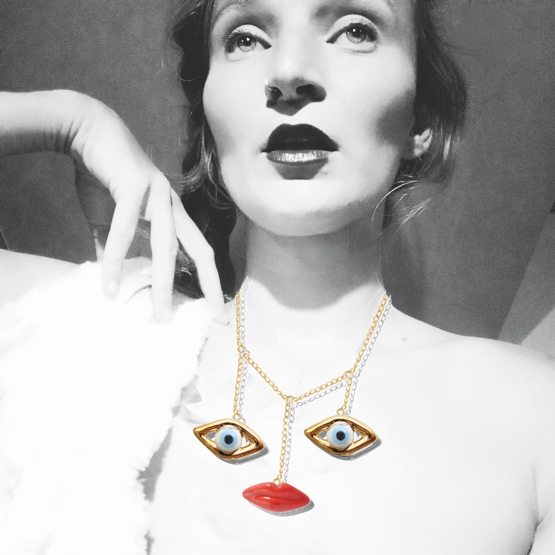 FACE NECKLACE / Gold Plated Porcelain Surreal Jewelry / Large Statement ...
