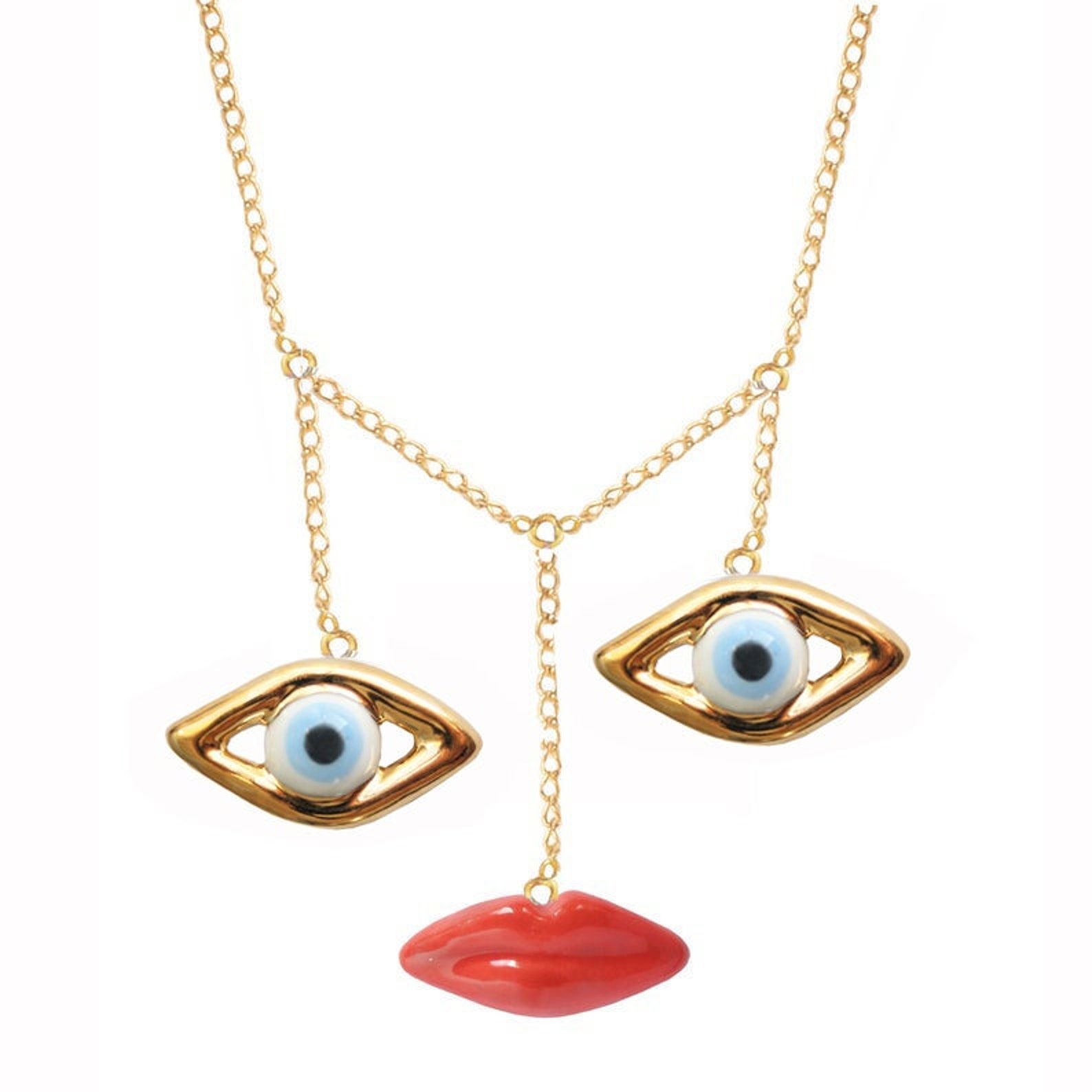 FACE NECKLACE / Gold Plated Porcelain Surreal Jewelry / Large Statement ...