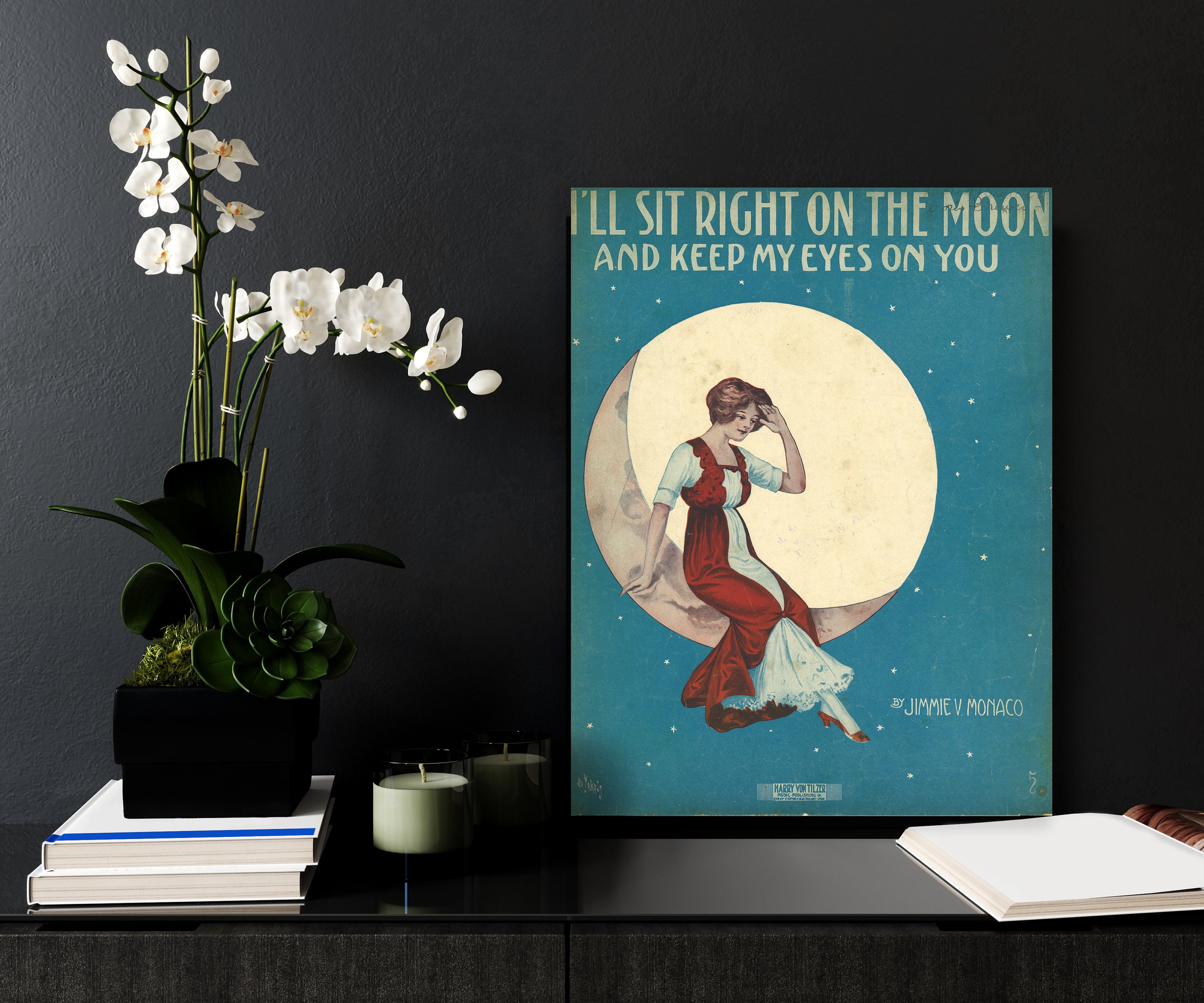 Antique Moon Poster, Crescent Moon, Antique Art, Vintage Poster, Woman ...