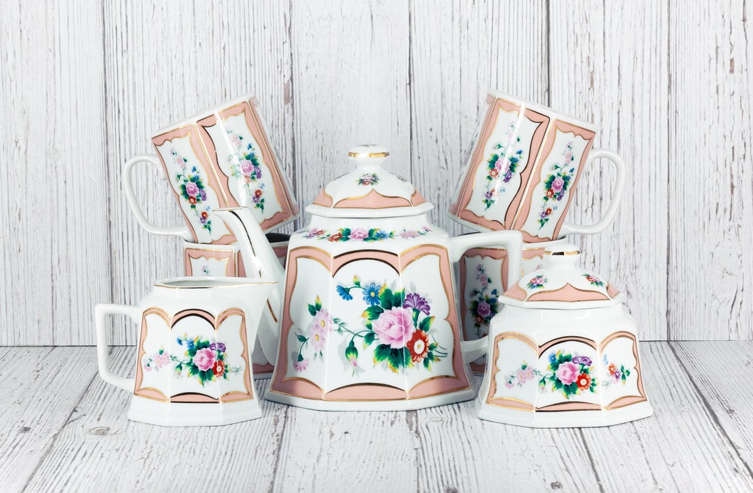 Lefton China Teapot, Pink Roses, Floral Ceramic Cream and Sugar, Hand ...