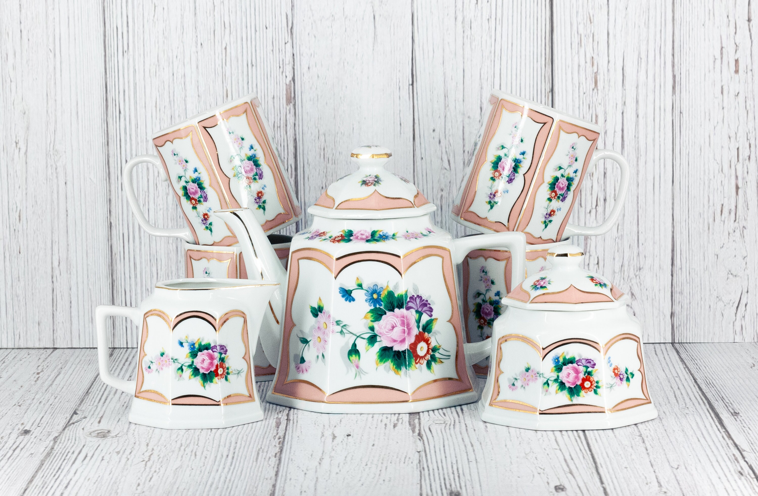 Lefton China Teapot, Pink Roses, Floral Ceramic Cream and Sugar, Hand ...