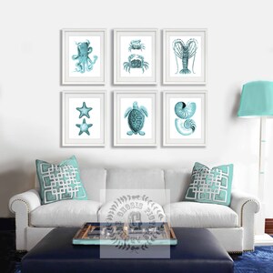 Beach Wall Art Turquoise Decor Set of 6 Art Prints Seashells Octopus ...