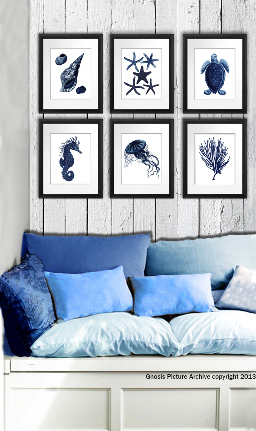 Dark Navy Blue Beach Decor Set of 6 Unframed Coastal Bathroom Etsy Wall ...