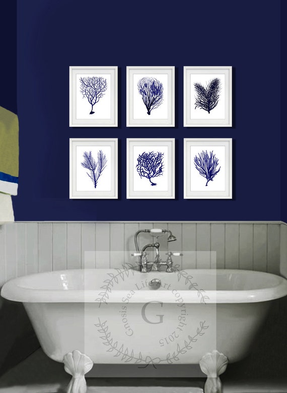 Beach Theme Decor Navy Blue Sea Coral Print Set of Six 8x10 | Etsy