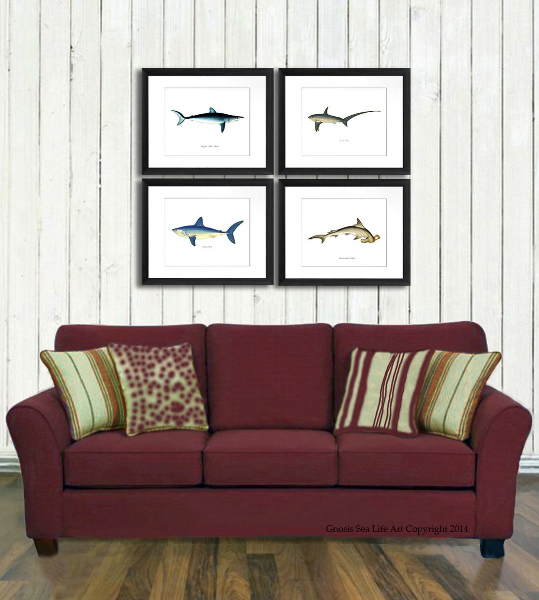 Shark Decor Art Print Set of 4, Boy Bedroom Nautical Decor Shark Art ...