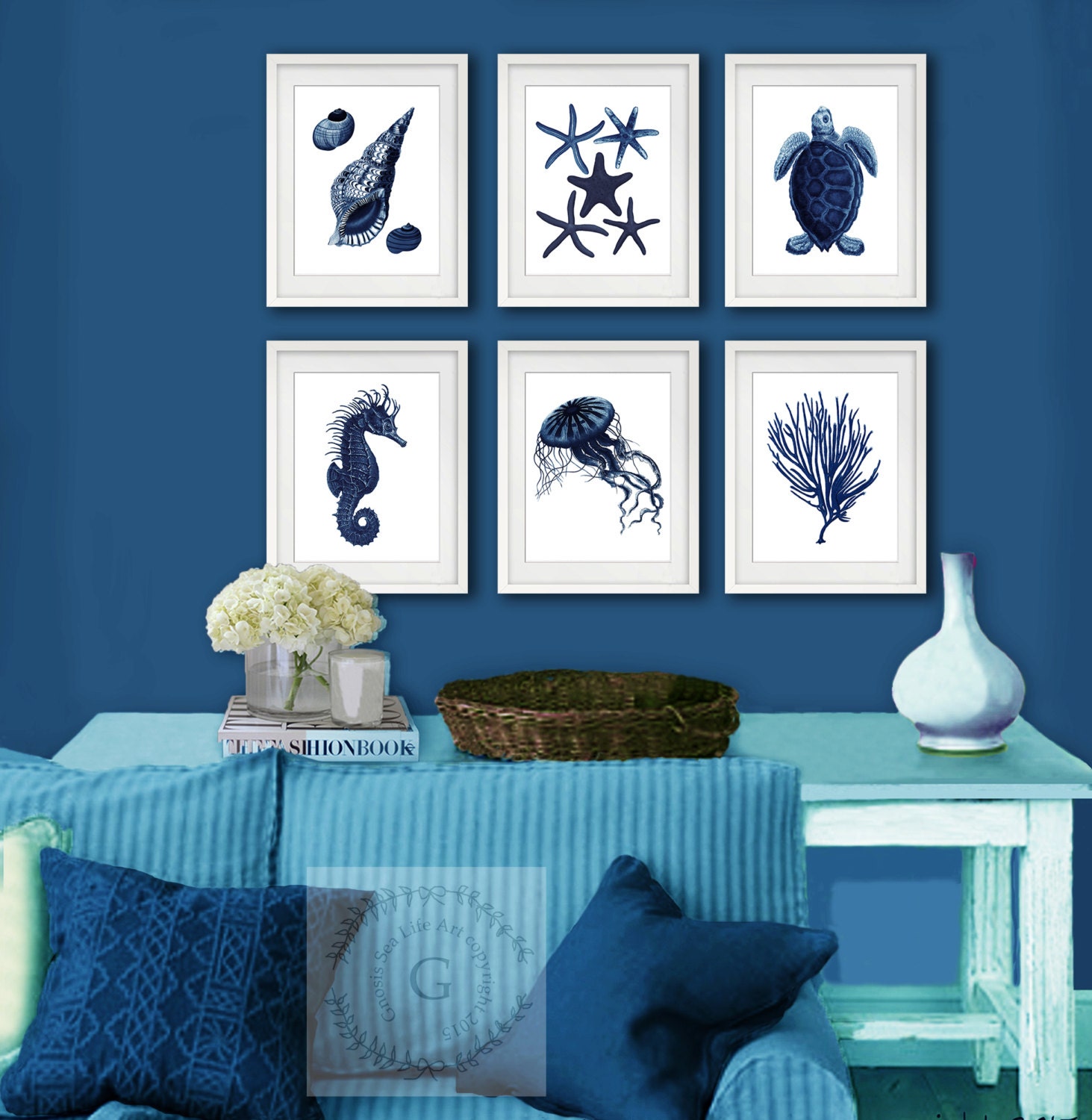 Dark Navy Blue Beach Decor Set of 6 Unframed Coastal Bathroom Etsy Wall ...