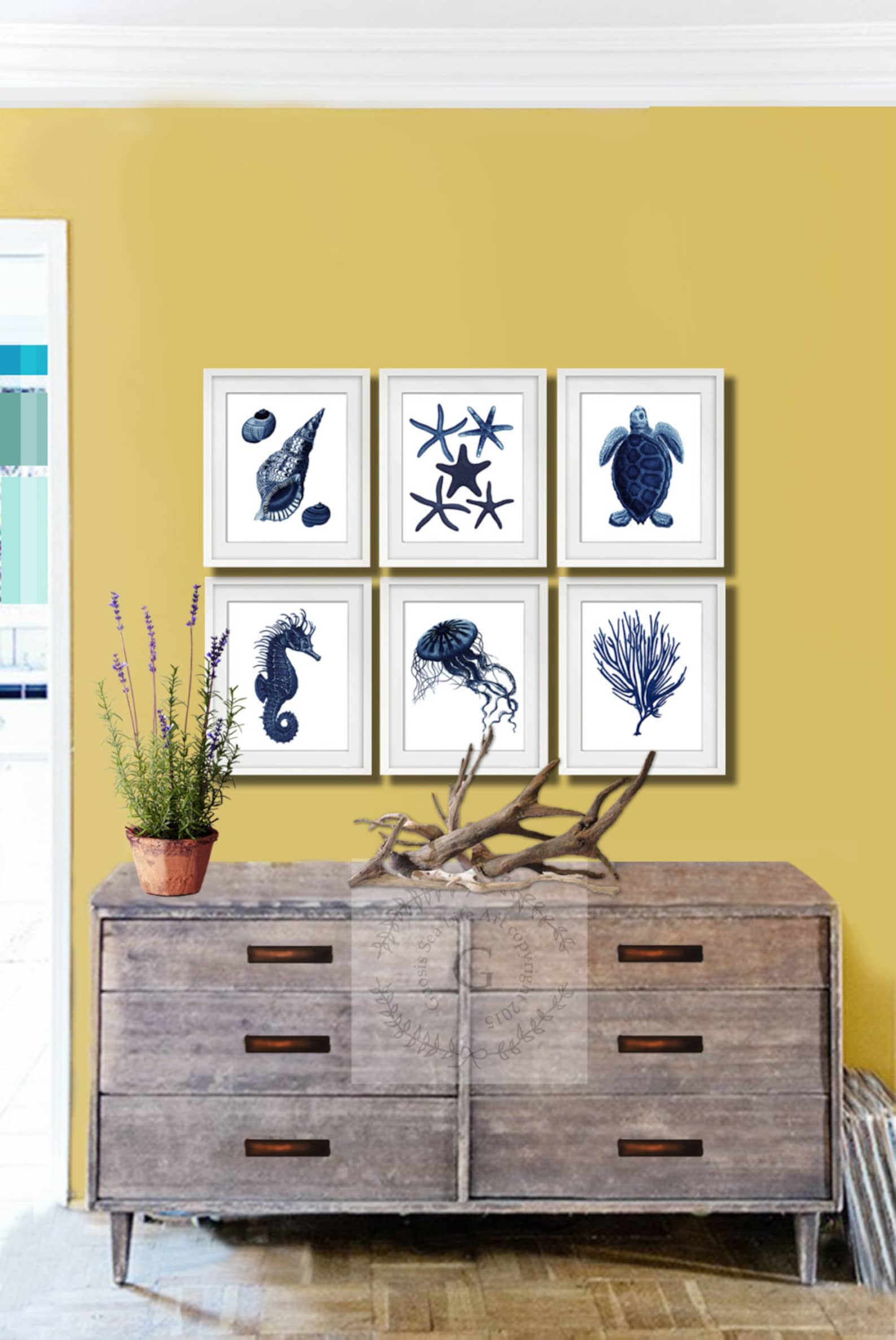 Dark Navy Blue Beach Decor Set of 6 Unframed Coastal Bathroom Etsy Wall ...