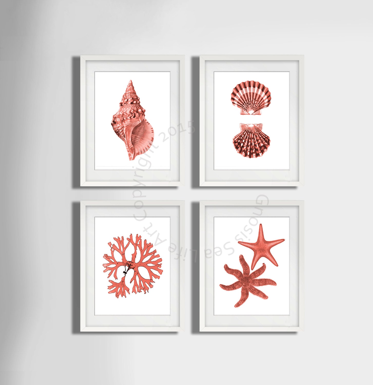 Coral Pink Seashell Art Print Set of 4, Seaside Art, Starfish Art Print ...