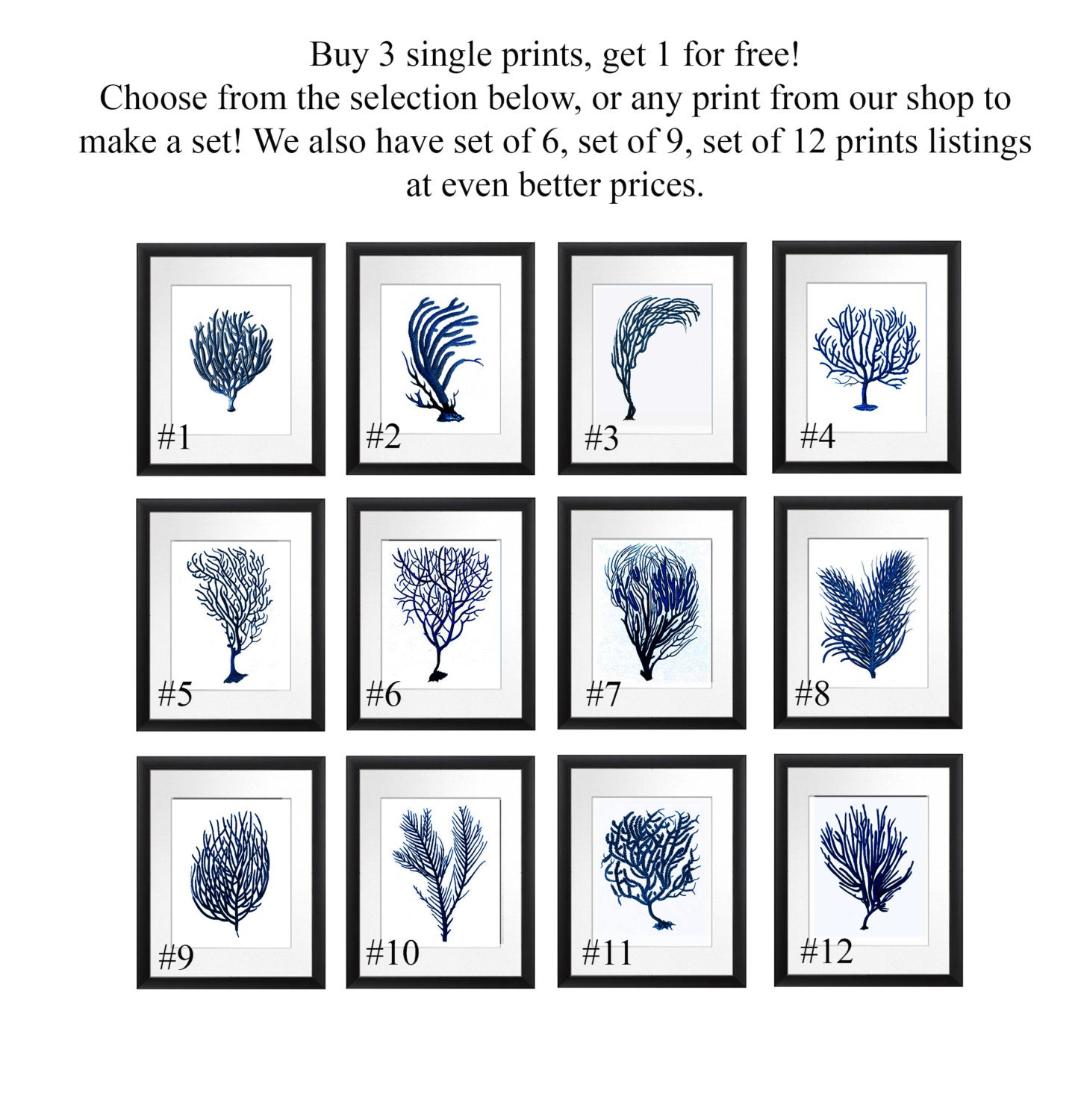 Beach Theme Decor Navy Blue Sea Coral Print Set of Six 8x10 | Etsy