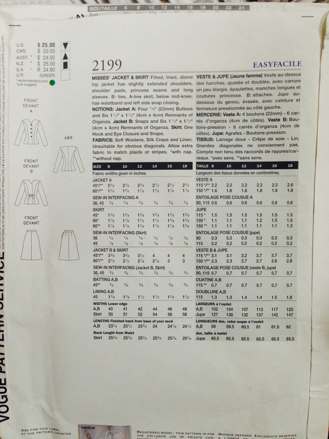 2199 VOGUE Vintage REPRODUCTION Original 1946 Design Suit Pattern Size ...