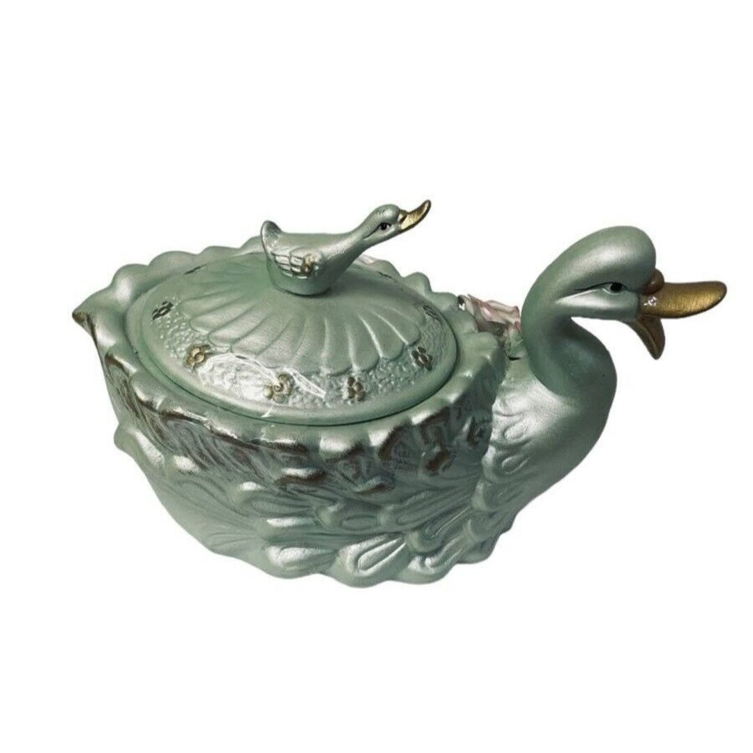 American Style Porcelain Blue Swan Lidded Cookie Jar Collectible ...