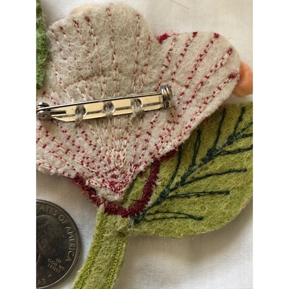 Handmade Felt Pin Embroidered Flower and Leaves - Gem