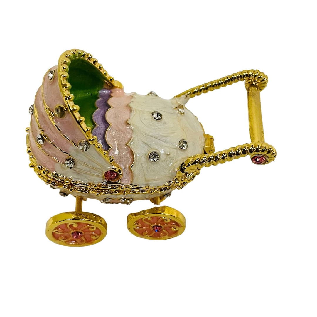 Jewelry Box Baby Stroller Handmade Enameled Home Decorative Pink 3" to ...