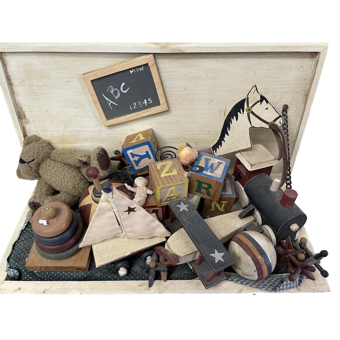 Vintage Wooden Toy Box Hand Crafted Old Toys Nautical Bear 13" X 6" X ...