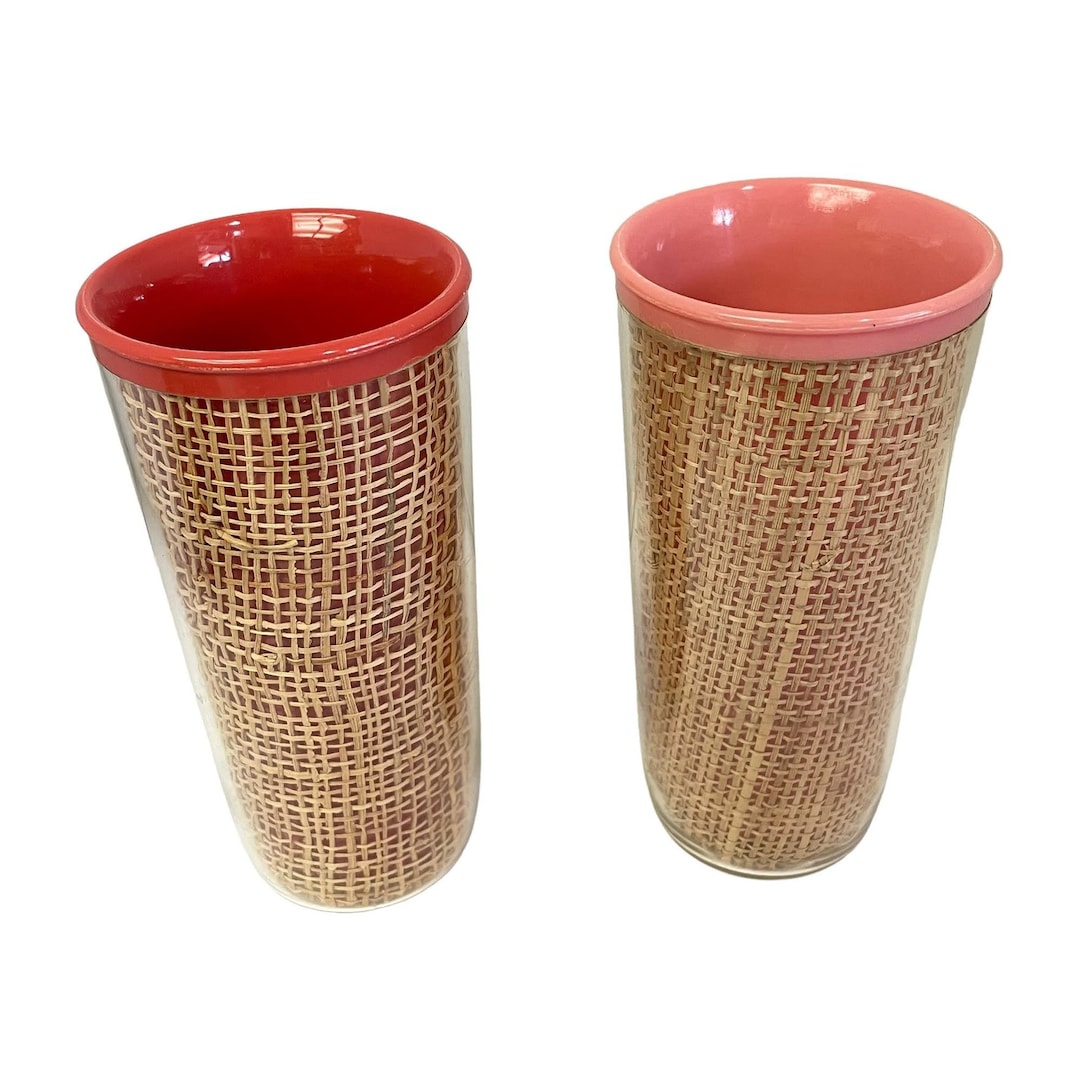 Vintage Collectible Raffiaware Rattan Insulated Tumbler Set 2 Red Pink ...
