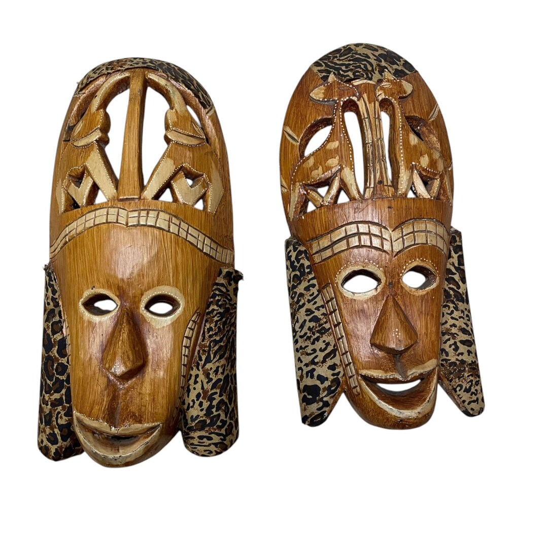 Handcrafted African Tribal Wall Wood Masks Set of 2 With Intricate ...