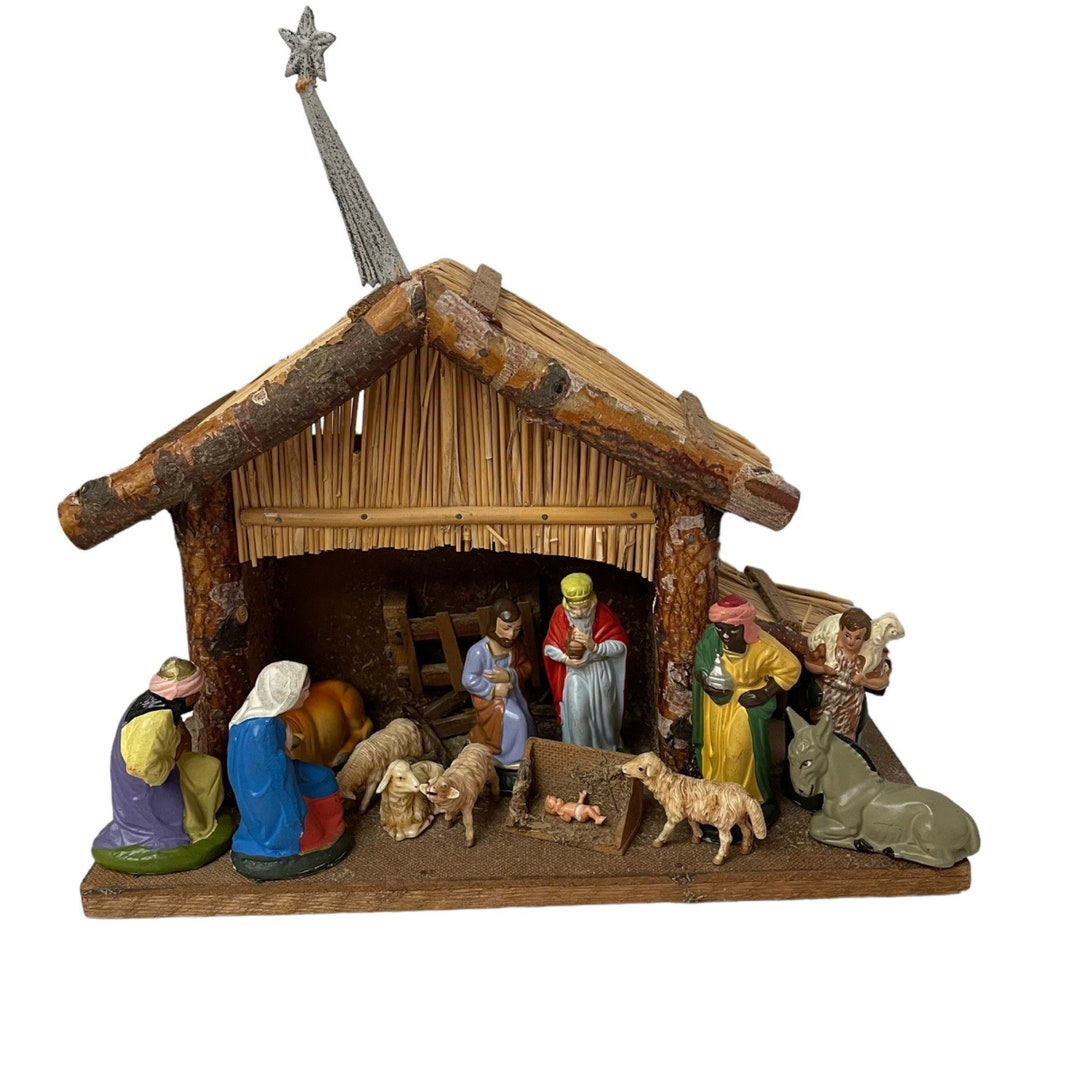 Christmas Manger Scene Baby Jesus, Mary Joseph Three Kings Lamb Donkey ...